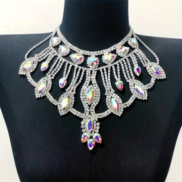Jewelry | 511luxury Ab Color Rhinestones Gemstone Bib Necklace Bride ...